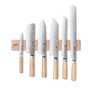 findking 7pcs kitchen knife set, with wooden magnetic knife holder, elegant japanese chef knives set, sharp stainless steel blade, pakka wood handle, for daily cooking (michelia series)