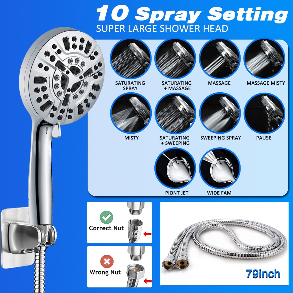 AMORIX Filtered Shower Head 12" Rain Shower Heads with Handheld Spray Combo 10 Settings Built-in 2 Power Wash, Dual Filter for Hard Water Rainfall Showerhead +12" Shower Extension Arm, 79" Shower Hose