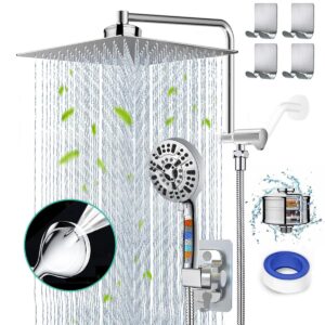 amorix filtered shower head 12" rain shower heads with handheld spray combo 10 settings built-in 2 power wash, dual filter for hard water rainfall showerhead +12" shower extension arm, 79" shower hose