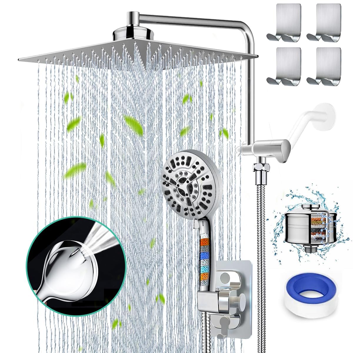 AMORIX Filtered Shower Head 12" Rain Shower Heads with Handheld Spray Combo 10 Settings Built-in 2 Power Wash, Dual Filter for Hard Water Rainfall Showerhead +12" Shower Extension Arm, 79" Shower Hose