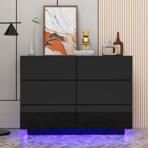 anbuy led 6 drawer dresser, modern dresser with high gloss drawers dual chest of drawers black dresser for bedroom with lights (black)