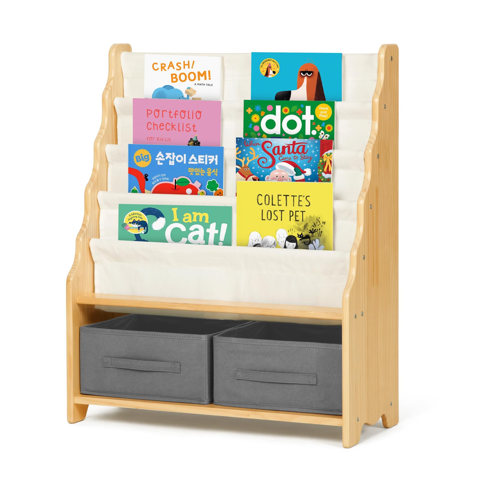 OOOK Solid Wood Kids Bookshelf, 27.6" L x 11" W x 34" H Toddler Montessori Bookshelf Equipped with 4 Sling Bookshelf, 2 Toy Organizer Shelves and Storage Boxes, Nice Book Shelf for Kids Rooms, Nursery