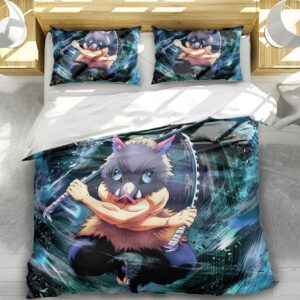 NICHIYOBI Demon Killer Inosuke Beast Breathing Inoko Duvet Cover Set 3D Bedding Comforter Cover 3 Pcs (1 Duvet Cover+2 Pillowcases) Bedding Set (11,Full-80x90in+20x30in*2)