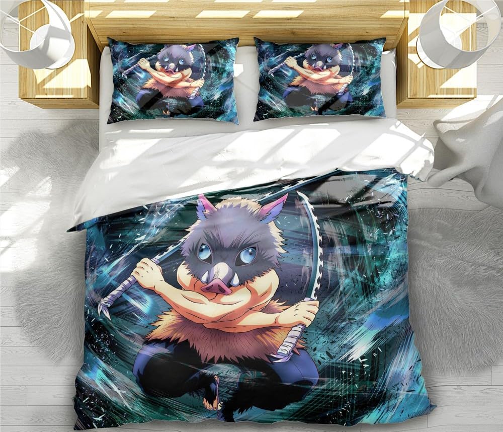 NICHIYOBI Demon Killer Inosuke Beast Breathing Inoko Duvet Cover Set 3D Bedding Comforter Cover 3 Pcs (1 Duvet Cover+2 Pillowcases) Bedding Set (11,Full-80x90in+20x30in*2)