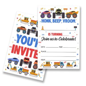 eudosi transportation birthday party invitations supplies fill-in set of 20 with envelopes truck and cars birthday invites cards, double sided