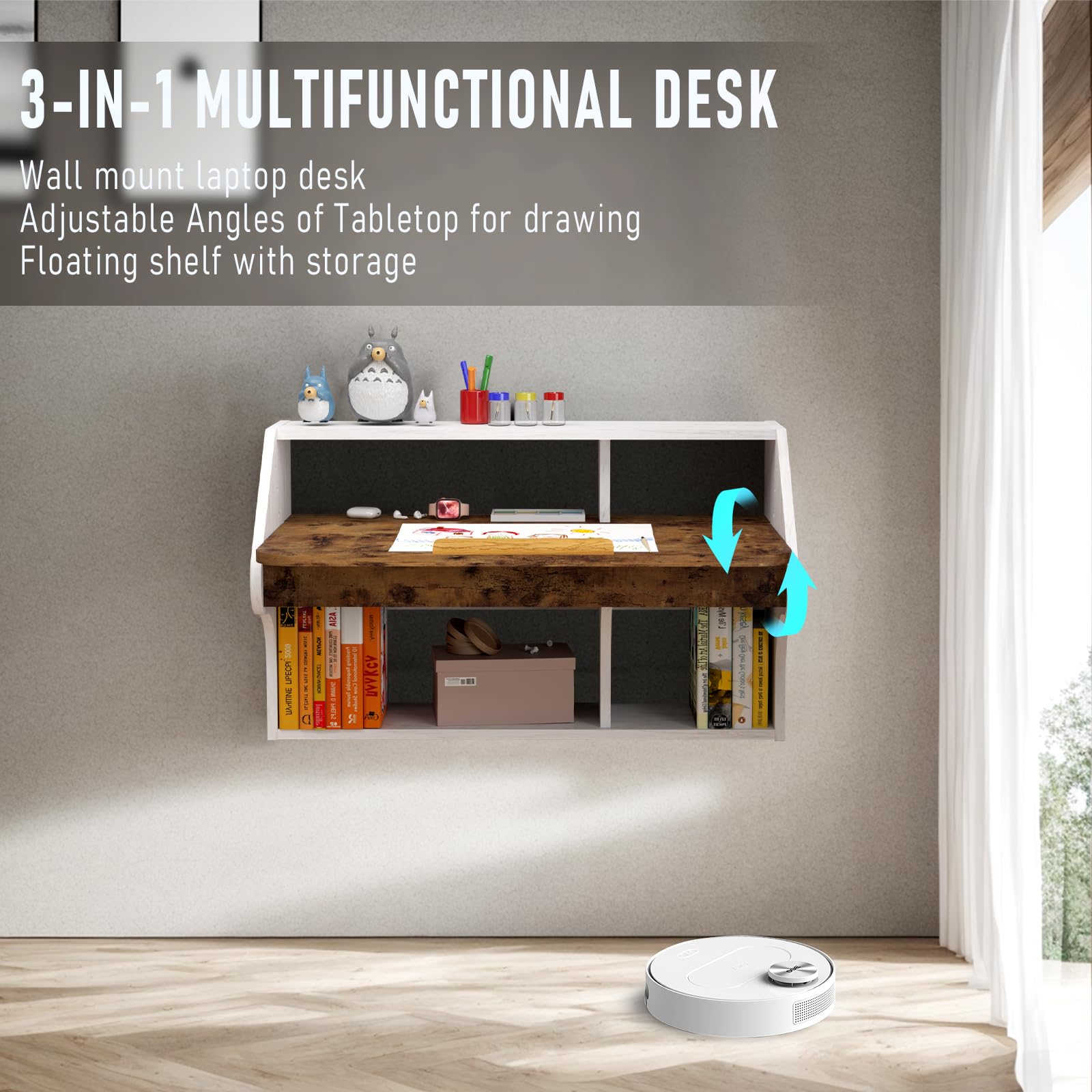 Pmnianhua Floating Desk with Adjustable Drawing Tabletop,Wall Mounted Desk with Angles Adjustable Drafting Table,Multifunctional Workstation for Bedroom Dormitory Small Space(Rustic Brown)