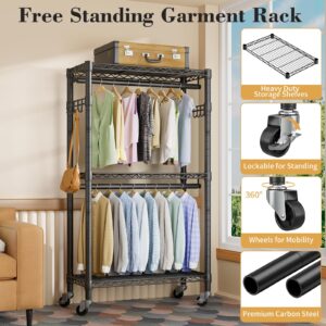 Heavy Duty Clothes Rack Rolling Garment Rack,3 Tier Adjustable Wire Shelving Clothing Racks for Hanging Clothes with Double Rods&Side Hooks,Freestanding Wardrobe Storage Rack Metal Portable Closet