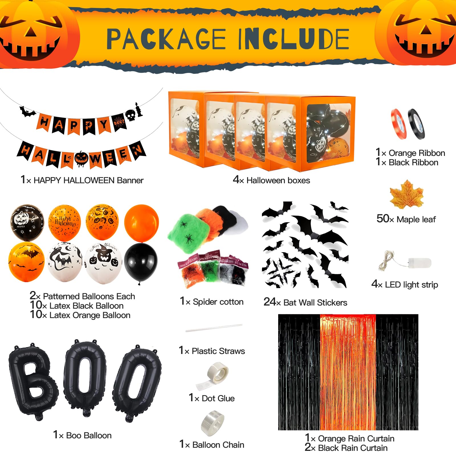 128 Pcs ​Halloween Party Decorations, Halloween Party Supplies - Halloween Balloon boxes, String Light, "HAPPY HALLOWEEN" Banner, "BOO" Banner, Multi Balloons, Bat Decor, Spider Wed