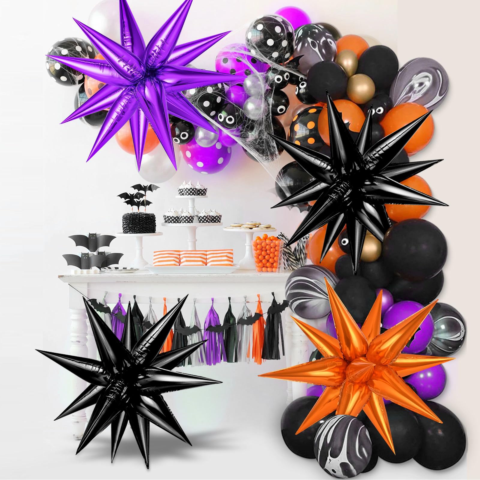 Purple and Black Orange Star Balloons, 72PCS Large 26 Inch Halloween Balloons, Metallic Starburst Cone Mylar Balloons, Spike Balloons Firework Balloons for Halloween Xmas Birthday Photo Props