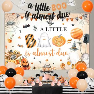 JOYMEMO Orange and Black Halloween Baby Shower Decorations, A Little Boo is Almost Due Backdrop, Banner, Cake Topper with Cupcake Toppers for Women Boy Girl He or She Gender Reveal Party Supplies