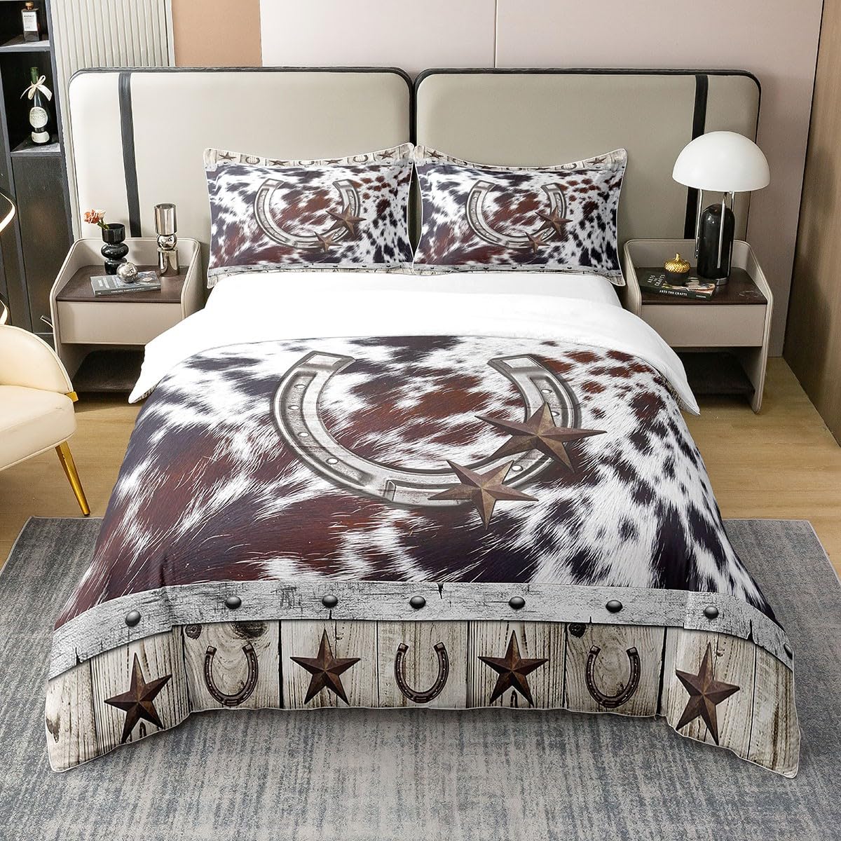 100% Organic Cotton Rustic Western Duvet Cover,Cow Print Bedding Set Queen,Farmhouse Highland Cow Farm Animal Comforter Cover for Cowboy Cowgirl,Old Barn Bed Sets with 2 Pillowcases Bedroom Decor