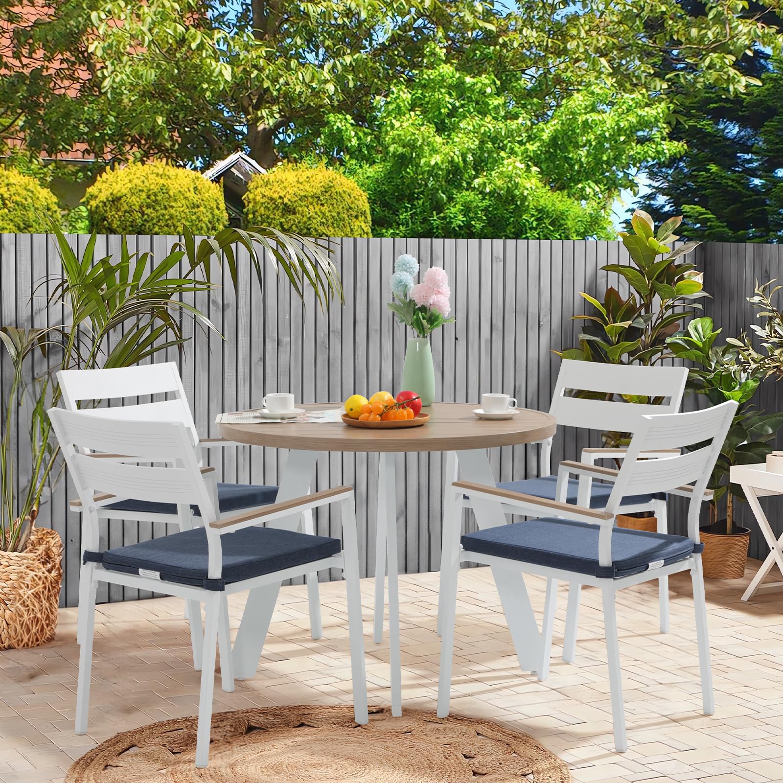 OC Orange-Casual 5 Piece Aluminum Patio Dining Set, Outdoor Furniture Set with 4 Stackable Cushioned Chairs and Round Weather Resistant Table w/Umbrella Hole for Deck, Backyard, Poolside(Dark Blue)