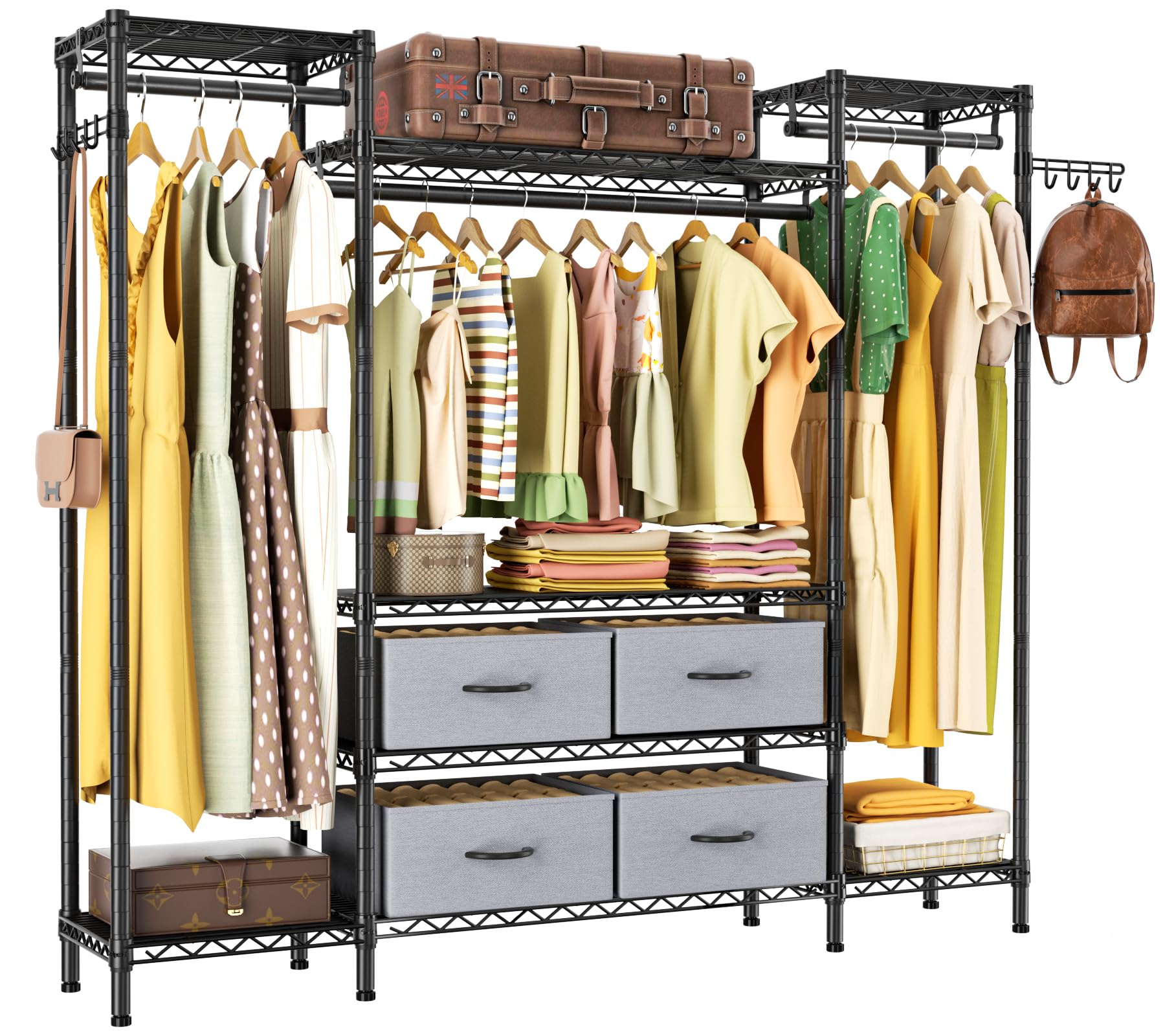 Large Garment Rack Heavy Duty Clothes Rack,Freestanding Closet Portable Clothing Rack with 8 Adjustable Wire Shelves,3 Hang Rods,4 Fabric Drawers,2 Hooks,Metal Closet Storage Wardrobe,MaxLoad 900lbs