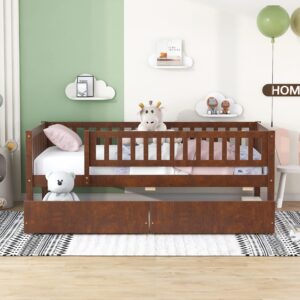 Harper & Bright Designs Twin Daybed with Two Drawers, Wood Twin Size Bed Frame with Fence Rails and Storage,Montessori Twin Bed for Kids Girls Boys,No Box Spring Needed,Walnut