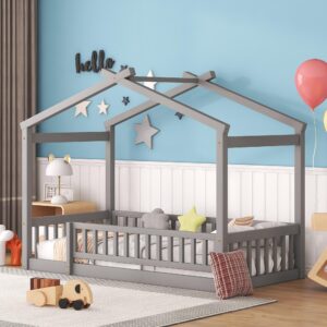 meritline twin house bed for kids twin montessori floor bed frame with rails and roof, no box spring needed, for kids teens girls boys (twin size, gray)