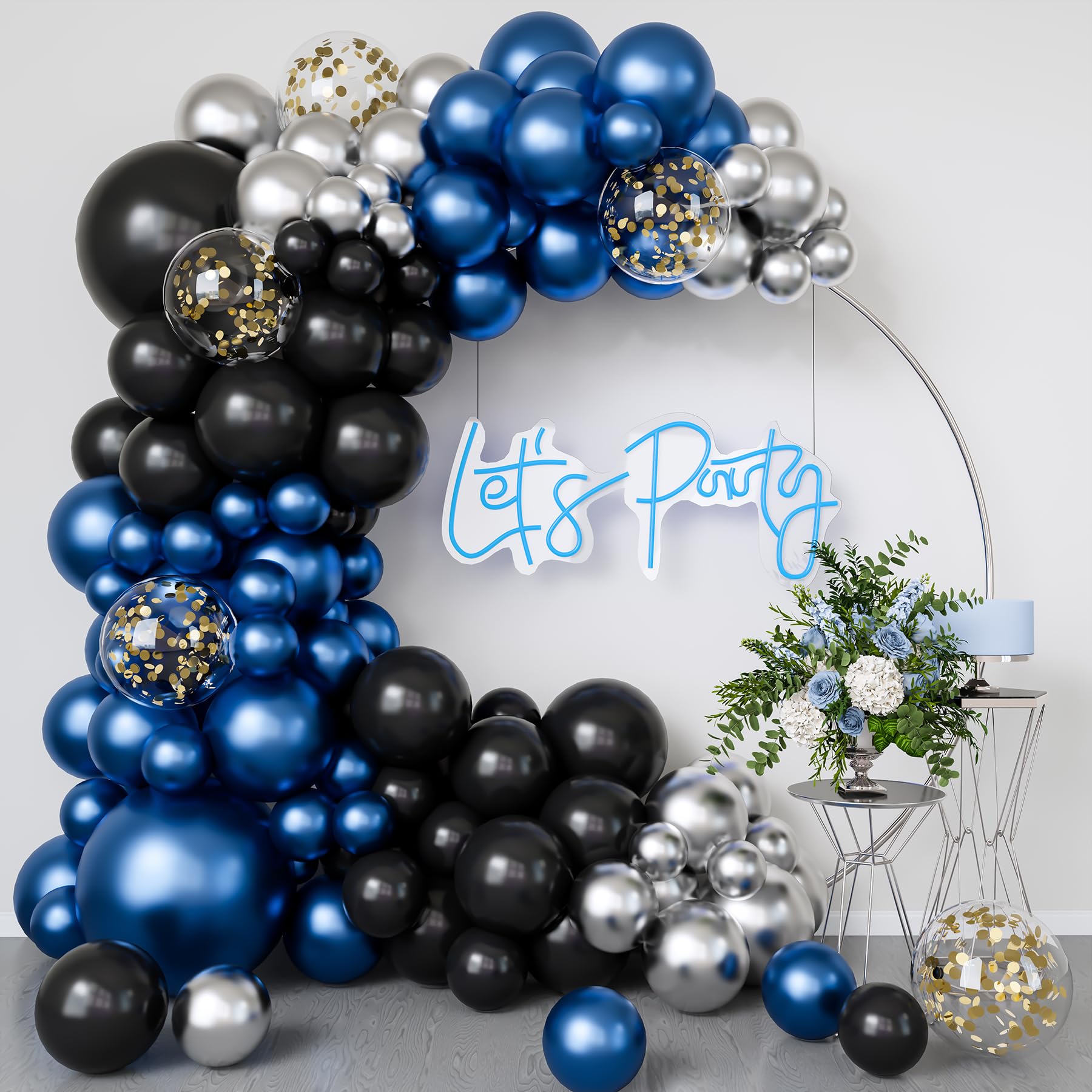 Metallic Blue and Black Balloon Arch Garland Kit-Metallic Silver Balloon Gold Sequin Balloon 137Pcs for Birthday,Gender Reveal,Baby Shower,Graduation,Easter Party Decoration.