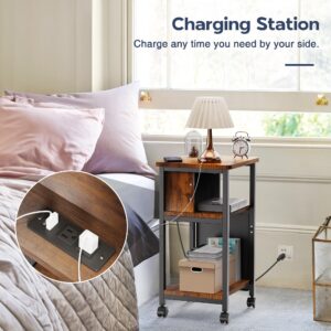 Merapi Small End Table with Charger, Side Table on Wheels, Mobile Nightstand with USB Ports, Rustic Wood Sofa Side Table with Storage for Small Spaces, Living Room, Bedroom, Home Office