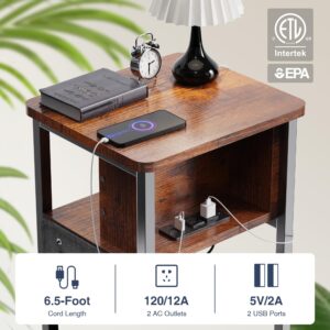 Merapi Small End Table with Charger, Side Table on Wheels, Mobile Nightstand with USB Ports, Rustic Wood Sofa Side Table with Storage for Small Spaces, Living Room, Bedroom, Home Office