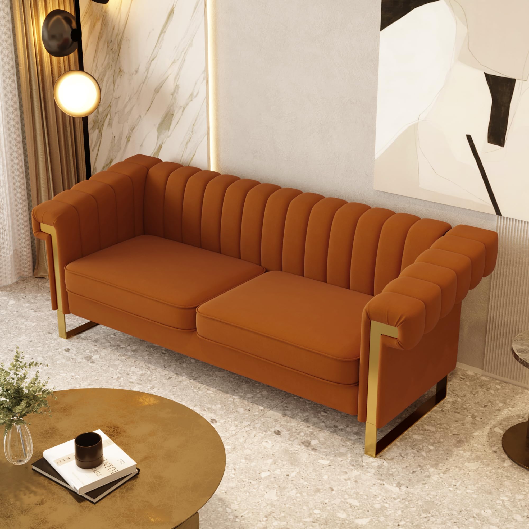 yunqishi JINGDIAN Mid-Century Modern Orange Velvet Sofa with Gold Metal Legs, 83.86" Luxury Chesterfield Comfy Orange Couches for Living Room (Velvet, Orange)