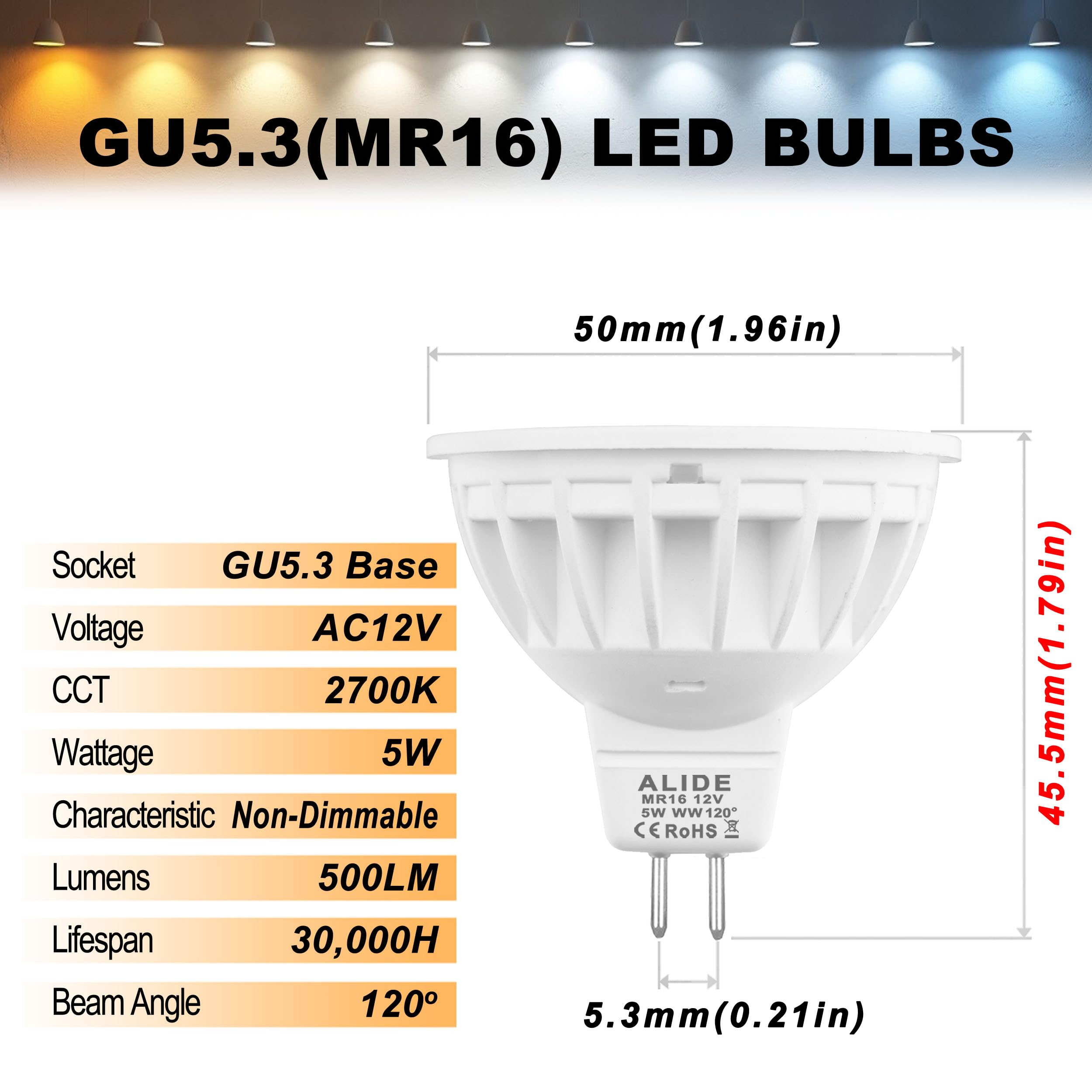 ALIDE MR16 Led Flood Bulbs 5W, Replace 50W Halogen,Wide Angle 120 Degree Beam,GU5.3 Bi-Pin 2700K Warm White,12V MR16 LED Bulb for Overhead Tracking Flood Recessed Accent Landscape Lighting,6 Pack