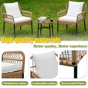 Homsido Patio Furniture Set 3 Pieces Small Boho Outdoor Rattan Woven Chairs Wicker Sofa Garden Conversation Balcony Bistro Sets for Yard,Pool or Backyard,Front Porch(Beige Wicker White Cushions)