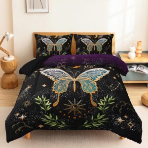 cvhouse sun and moon comforter set queen size, butterfly hippie bohemian bedding set for kids adult women teen,3 pieces,1 quilt and 2 pillowcases,soft,breathable