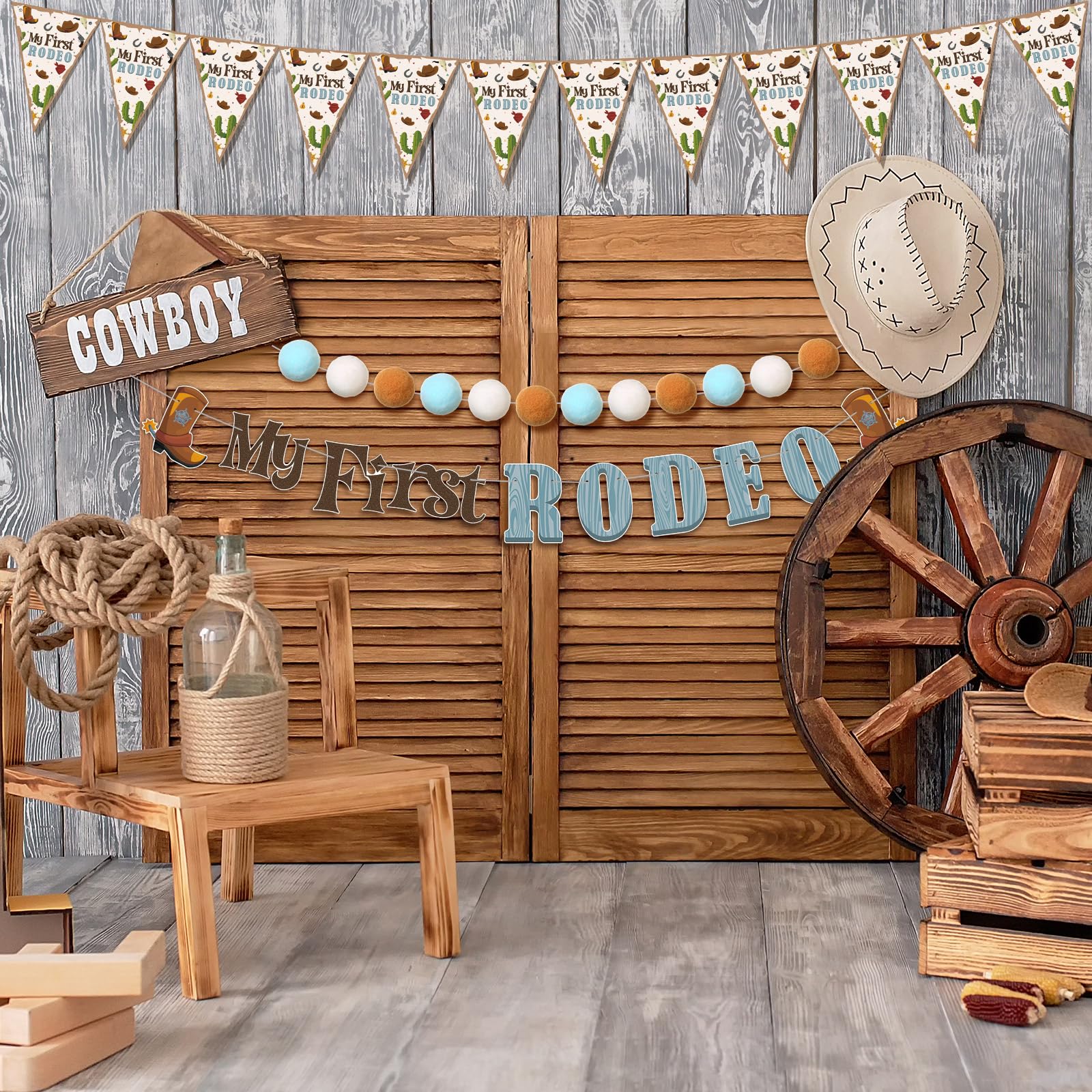 Peryiter My First Rodeo Decorations Boy Cowboy 1st Birthday Party Decorations 5 Pieces My First Rodeo Banner Cowboy Baby Shower Decorations for Boy Rodeo Birthday Party Supplies