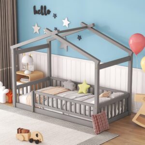 MERITLINE Twin House Bed for Kids Twin Montessori Floor Bed Frame with Rails and Roof, No Box Spring Needed, for Kids Teens Girls Boys (Twin Size, Gray)