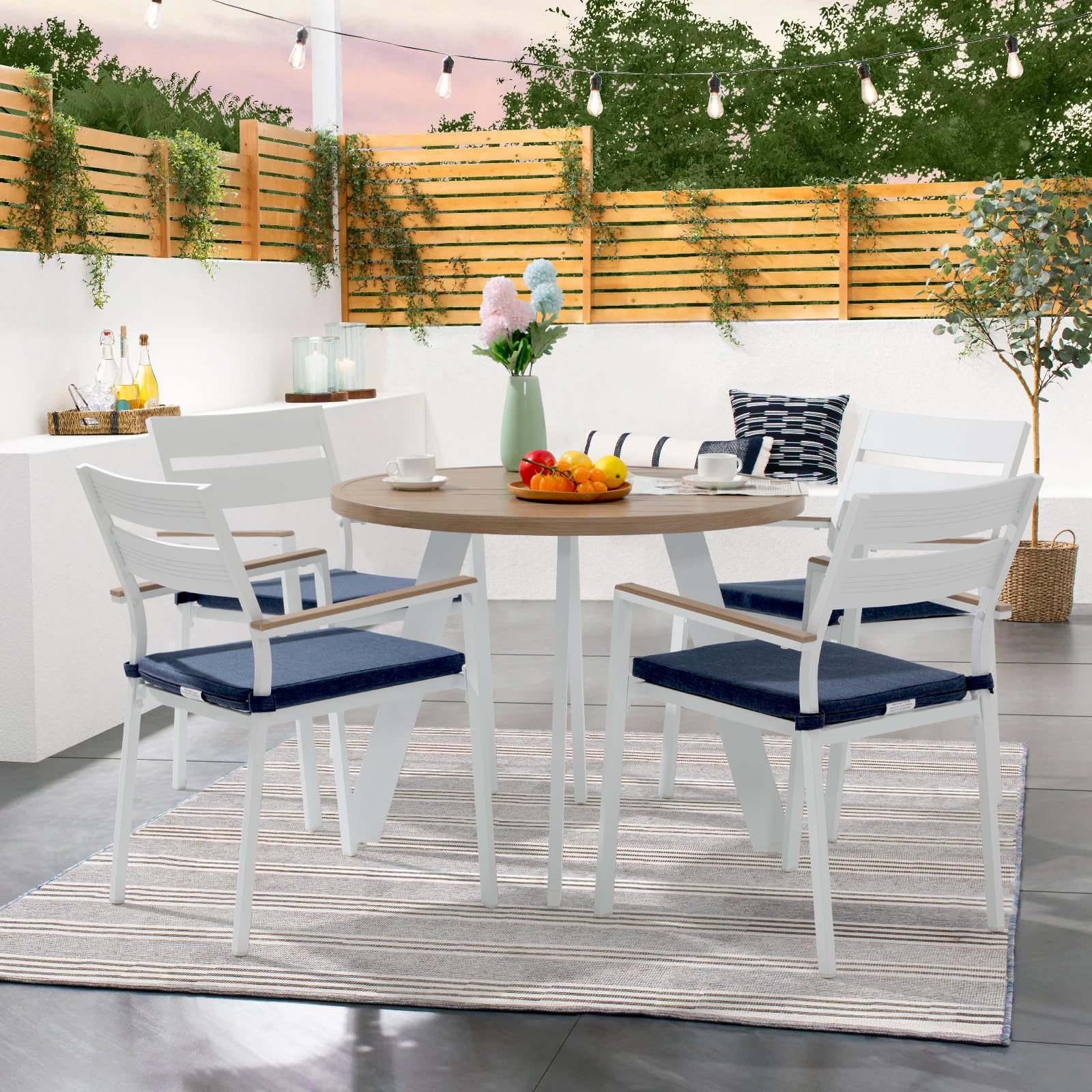 OC Orange-Casual Stackable Patio Chairs Set of 4, Outdoor Indoor Aluminum Dining Chairs w/Armrest & Cushion for Porch Backyard Garden, All-Weather Resistant, White Finish & Dark Blue Cushion