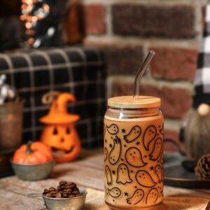 WODOHOLO Halloween Ghosts Iced Coffee Can Glass Gifts Halloween Drinking Glass Cup with Lid and Straw, 16oz Halloween Tumbler Beer Can Glass, Halloween Gifts, Halloween Decorations