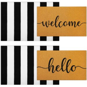 timgle 4 pack welcome mats outdoor with black white striped rug front door mats with non slip backing outdoor doormats for shoe scraper, inside outside home high traffic area, porch decor, 30'' x 18''