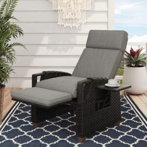 grand patio outdoor recliner with independent adjustable back and footrest, air pump 150° lay flat reclining chair removable olefin cushion flip-up table wicker grey 1pc