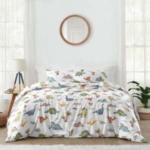 sweet jojo designs watercolor dinosaur dino boy queen comforter set full size bedding kids teen adult bed room 3p green slate blue white modern dinosaurs jurassic nature animal steel turquoise yellow