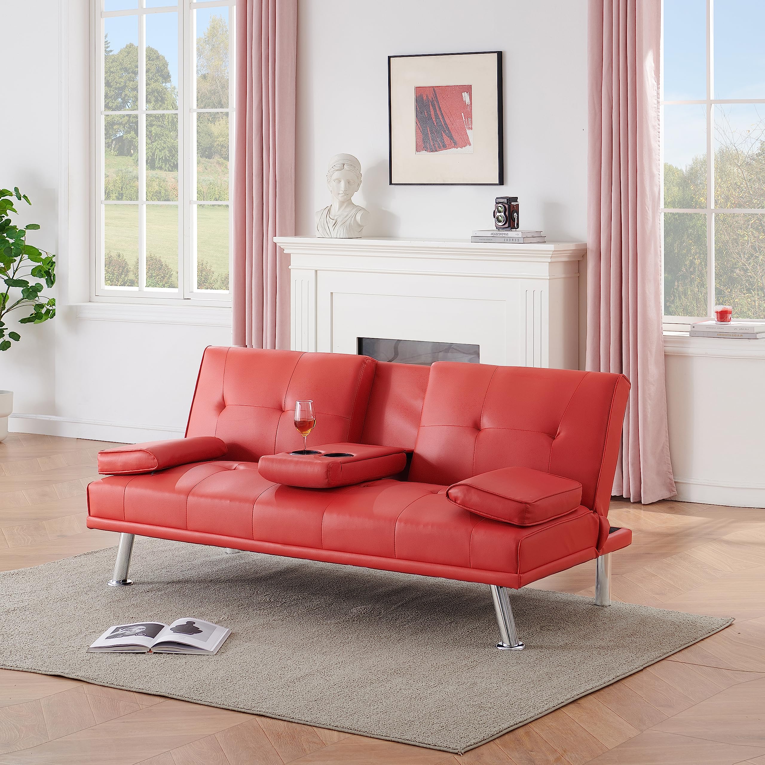 Anwick Modern Leather Futon Sofa Bed,Convertible Folding Couch Recliner Sleeper Loveseat for Small Space,Apartment,Office,Dorm,with Cup Holders and Removable Armrest (Red)