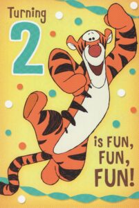 winnie the pooh happy 2nd second birthday card (age 2) featuring tigger - turning 2 is fun, fun, fun! a bouncy-fun birthday's just waiting for you! have a two-riffic happy birthday!