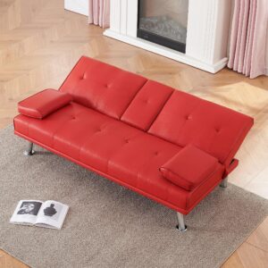 Anwick Modern Leather Futon Sofa Bed,Convertible Folding Couch Recliner Sleeper Loveseat for Small Space,Apartment,Office,Dorm,with Cup Holders and Removable Armrest (Red)