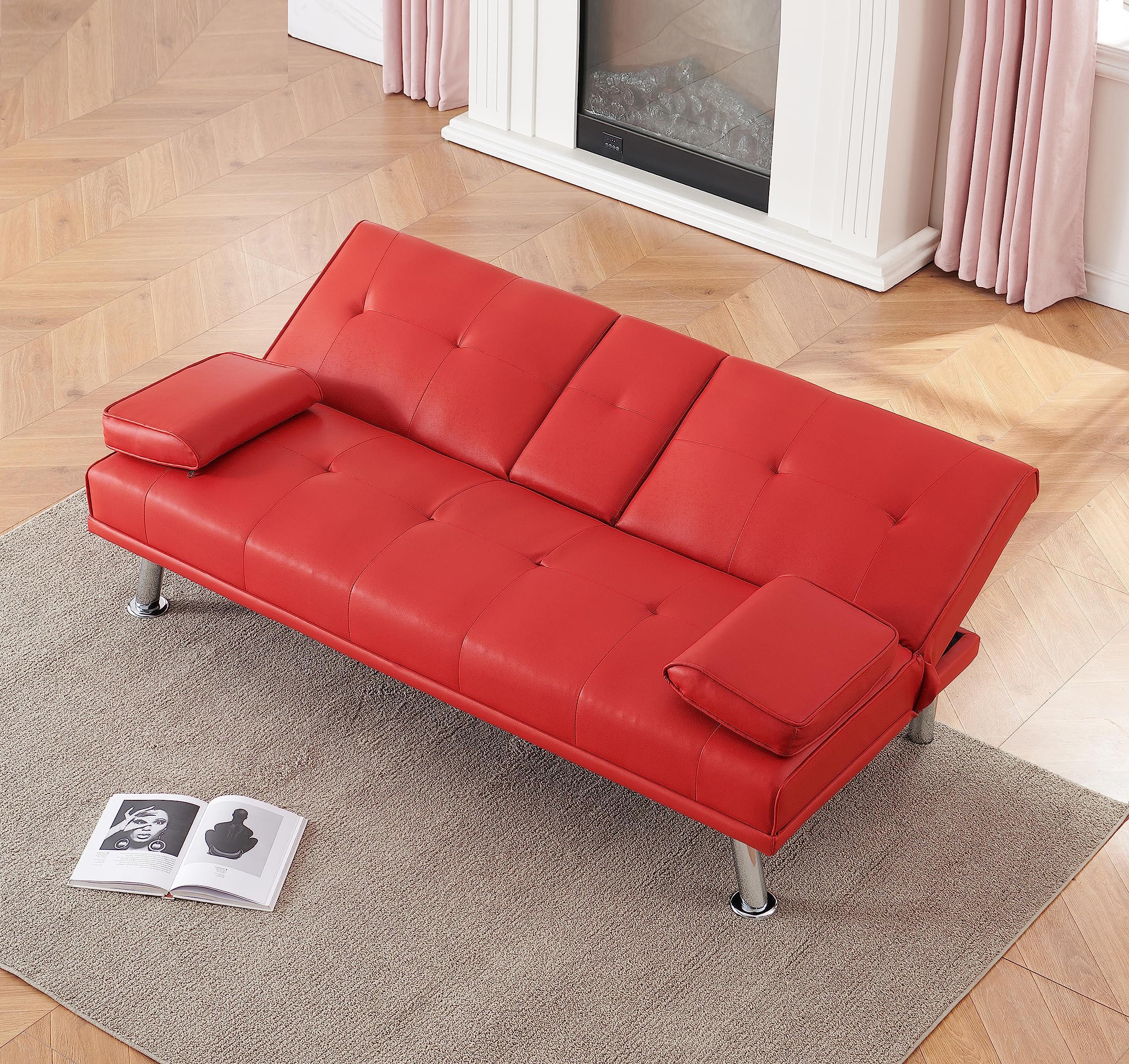 Anwick Modern Leather Futon Sofa Bed,Convertible Folding Couch Recliner Sleeper Loveseat for Small Space,Apartment,Office,Dorm,with Cup Holders and Removable Armrest (Red)