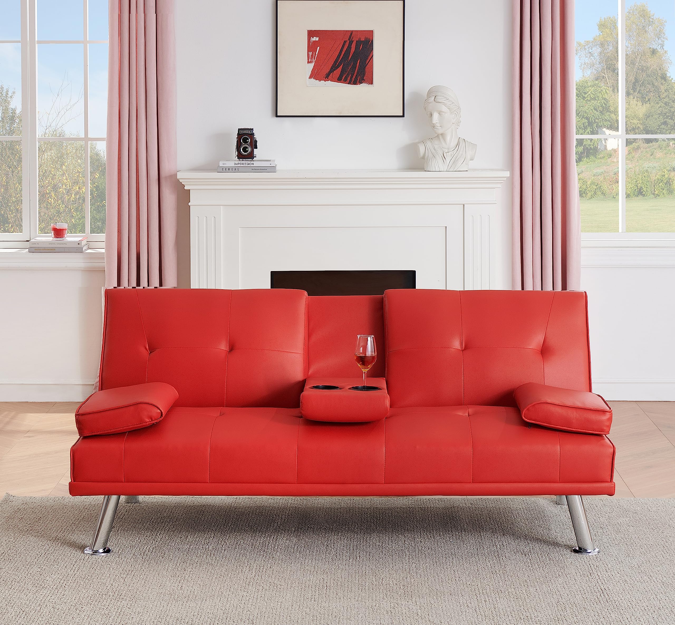 Anwick Modern Leather Futon Sofa Bed,Convertible Folding Couch Recliner Sleeper Loveseat for Small Space,Apartment,Office,Dorm,with Cup Holders and Removable Armrest (Red)