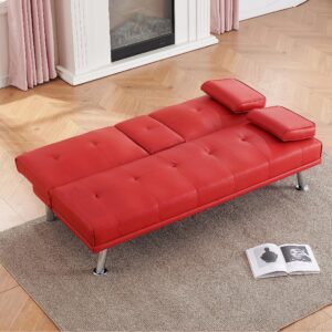 Anwick Modern Leather Futon Sofa Bed,Convertible Folding Couch Recliner Sleeper Loveseat for Small Space,Apartment,Office,Dorm,with Cup Holders and Removable Armrest (Red)