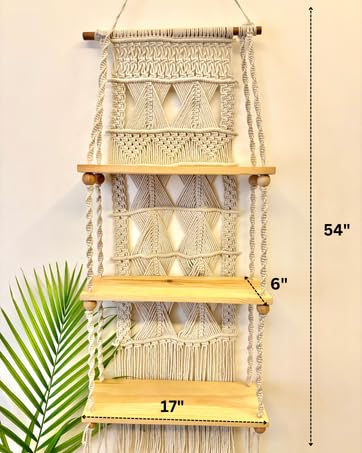 Macrame Wall Hanging Shelf Set, 3 Tier Macrame Wall Hanging Shelf for Wall Decor with Handmade Woven Rope Hanger for Kitchen, Bathroom, Home Storage