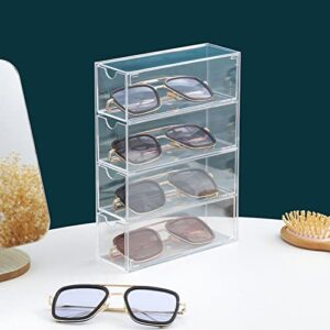 JUOPZKENN Acrylic Eyeglass Storage Box, 4 Drawers Clear Sunglasses Storage Organizer Use Horizontally or Vertically for Eyeglass Cosmetic Jewelry Storage