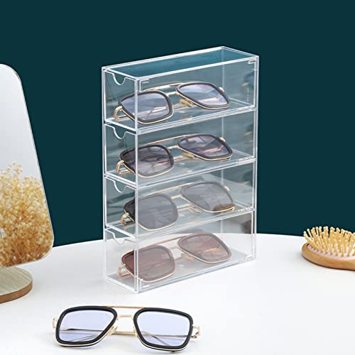 JUOPZKENN Acrylic Eyeglass Storage Box, 4 Drawers Clear Sunglasses Storage Organizer Use Horizontally or Vertically for Eyeglass Cosmetic Jewelry Storage