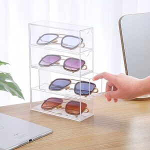 JUOPZKENN Acrylic Eyeglass Storage Box, 4 Drawers Clear Sunglasses Storage Organizer Use Horizontally or Vertically for Eyeglass Cosmetic Jewelry Storage