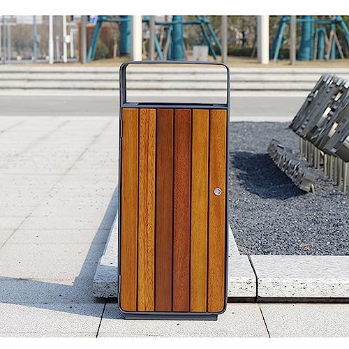 NOLLAM Garbage Storage Bucket, Durable Steel Trash Can with Wood Panel, Outdoor Bin for Trash and Rubbish, 55l Simple Large-Capacity Garbage Can for Outdoor Waste Recycle Bin