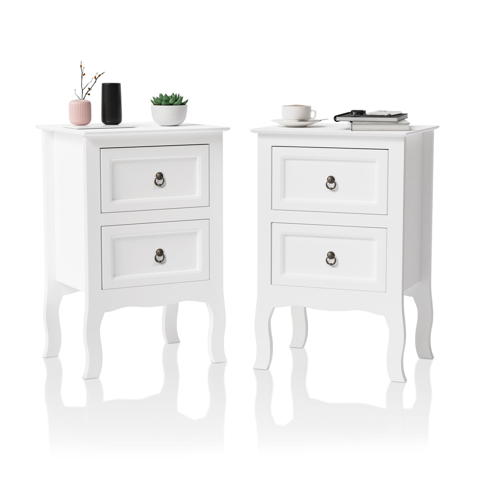 VINGLI White Nightstands Set of 2, Tool-Free Setup Nightstand, 2 Drawer Night Stands for Bedrooms, Easy & Quick Install Small Bedside Tables, Girls Nightstand, Side Table, End Table for Small Spaces