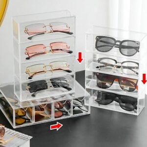 JUOPZKENN Acrylic Eyeglass Storage Box, 4 Drawers Clear Sunglasses Storage Organizer Use Horizontally or Vertically for Eyeglass Cosmetic Jewelry Storage