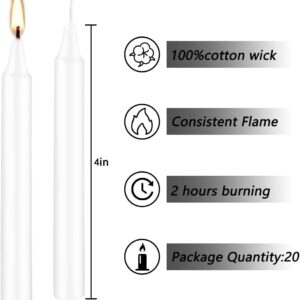 4 Inch White Taper Candle for Home Decor，20 Pack Unscented, Smokeless & Dripless Candle Stick, 1.5 Hour Burning Time for Party, Wedding, Dinner and More