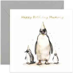 old english co. penguin happy birthday card for mummy - cute penguin birthday card from young children, son, daughter - heartfelt birthday card for mummy, for her | blank inside with envelope