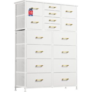 yilqqper tall dresser for bedroom,16 drawer dressers & chests of drawers, white fabric bedroom dresser with wood top, metal frame, tall storage tower for closet entryway, white