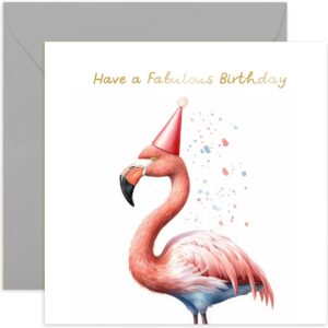 old english co. have a fabulous birthday card for her - pink flamingo party hat birthday card for mum, sister, daughter, nan - gold foil birthday card for women | blank inside with envelope